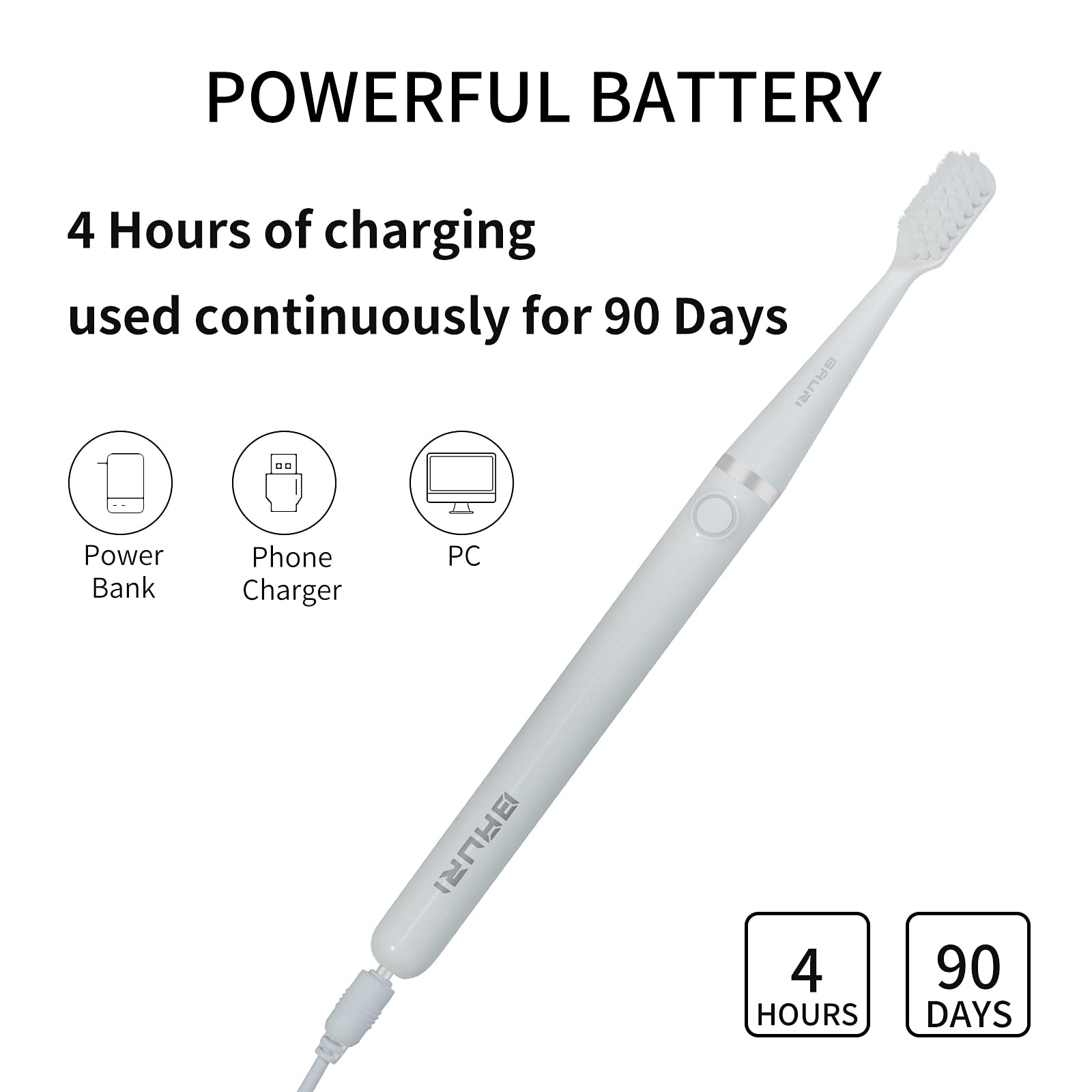 Bauri Electric Toothbrush, Rechargeable Sonic Electric Toothbrush with 3 Brush Heads,Super Slim Electric Toothbrush, IPX7,3 Modes,White Electric Toothbrush