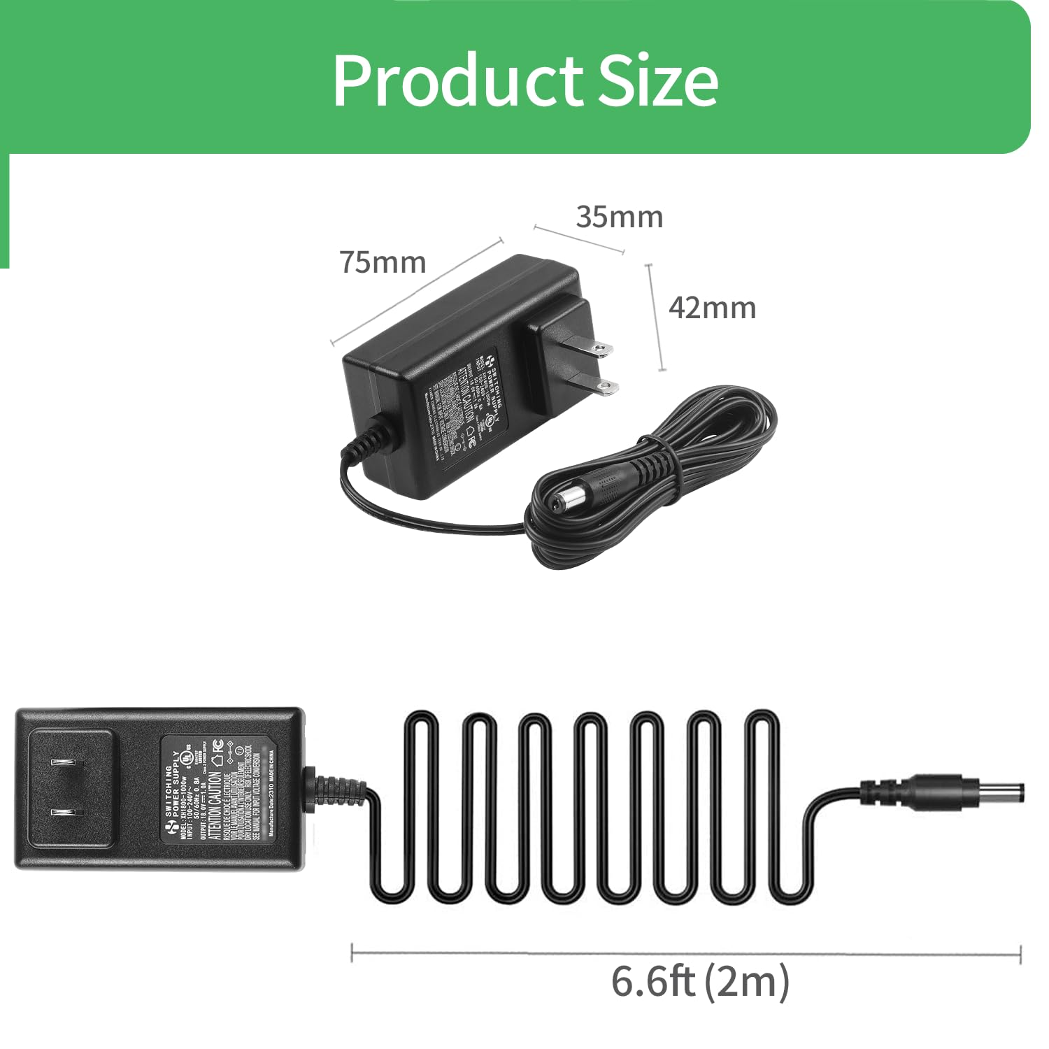 2-Pack AC to DC 18V 1A Power Supply Adapter, Plug 5.5mm x 2.1mm, Center Positive, UL Listed FCC (XH1800-1000w)