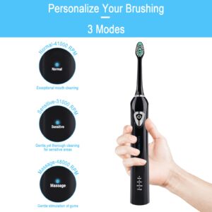 Sonic Electric Toothbrush for Adults and Teens, Rechargeable Whitening Ultrasonic Toothbrush with 4 Duponts Brush Heads, 3 Modes, 48000 VPM, Timer, Waterproof, 4H Charge for 45 Days (Black)