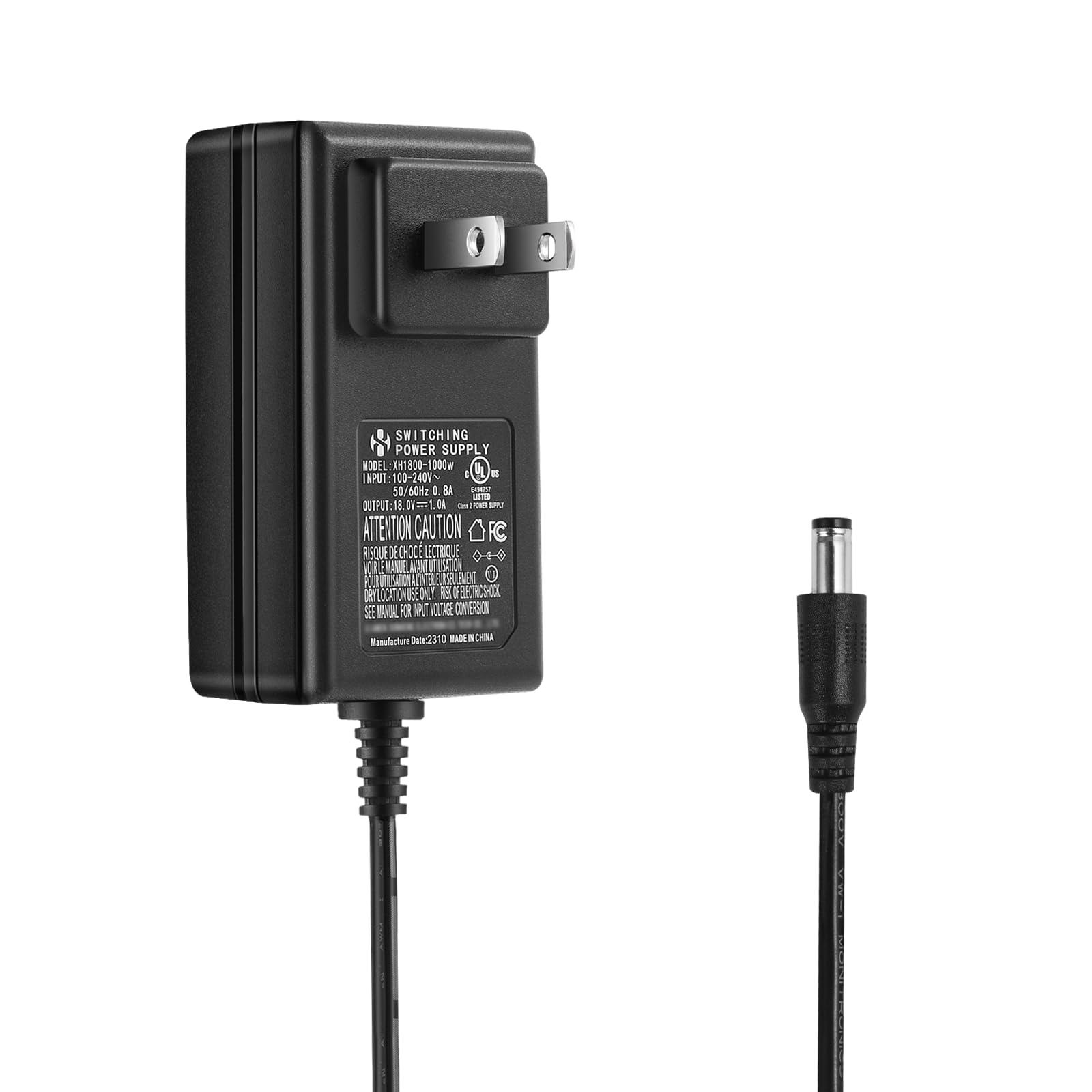 2-Pack AC to DC 18V 1A Power Supply Adapter, Plug 5.5mm x 2.1mm, Center Positive, UL Listed FCC (XH1800-1000w)