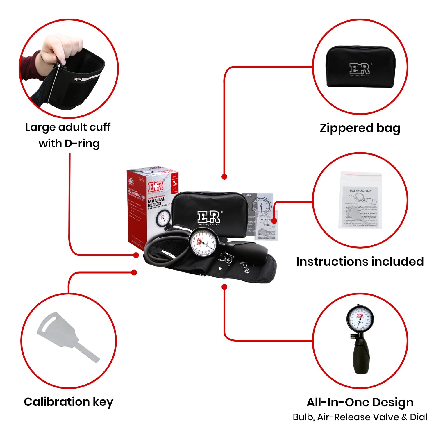 Ever Ready First Aid One Handed Palm Manual Blood Pressure Sphygmomanometer Monitor Reader, 8 ¾” to 16”, Lined Cuff with D-Ring - Large Adult