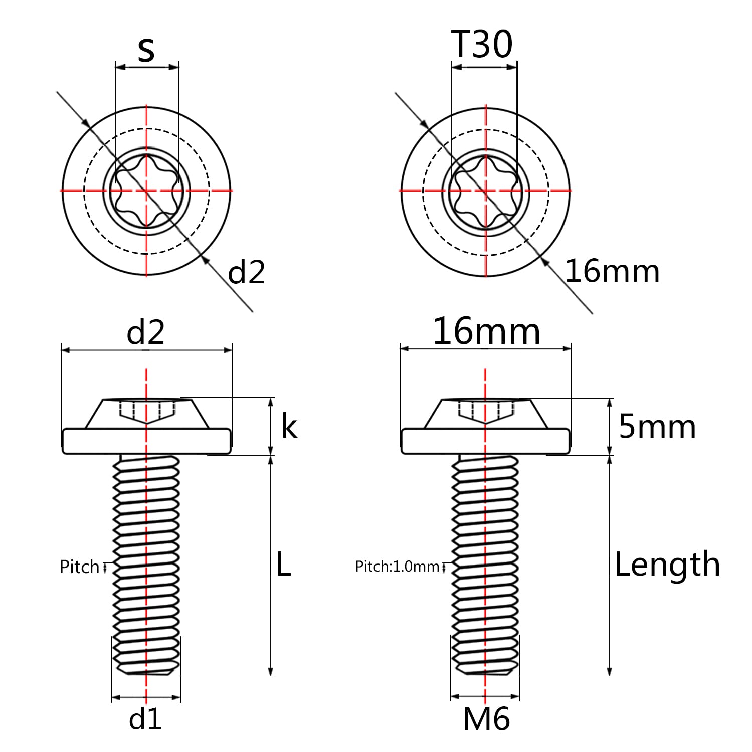 Wanyifa Titanium Bolt M6 10 15 20mm Torx T30 Screws for Bicycle Motorcycle Car Pack of 4 (M6x20mm, Green)