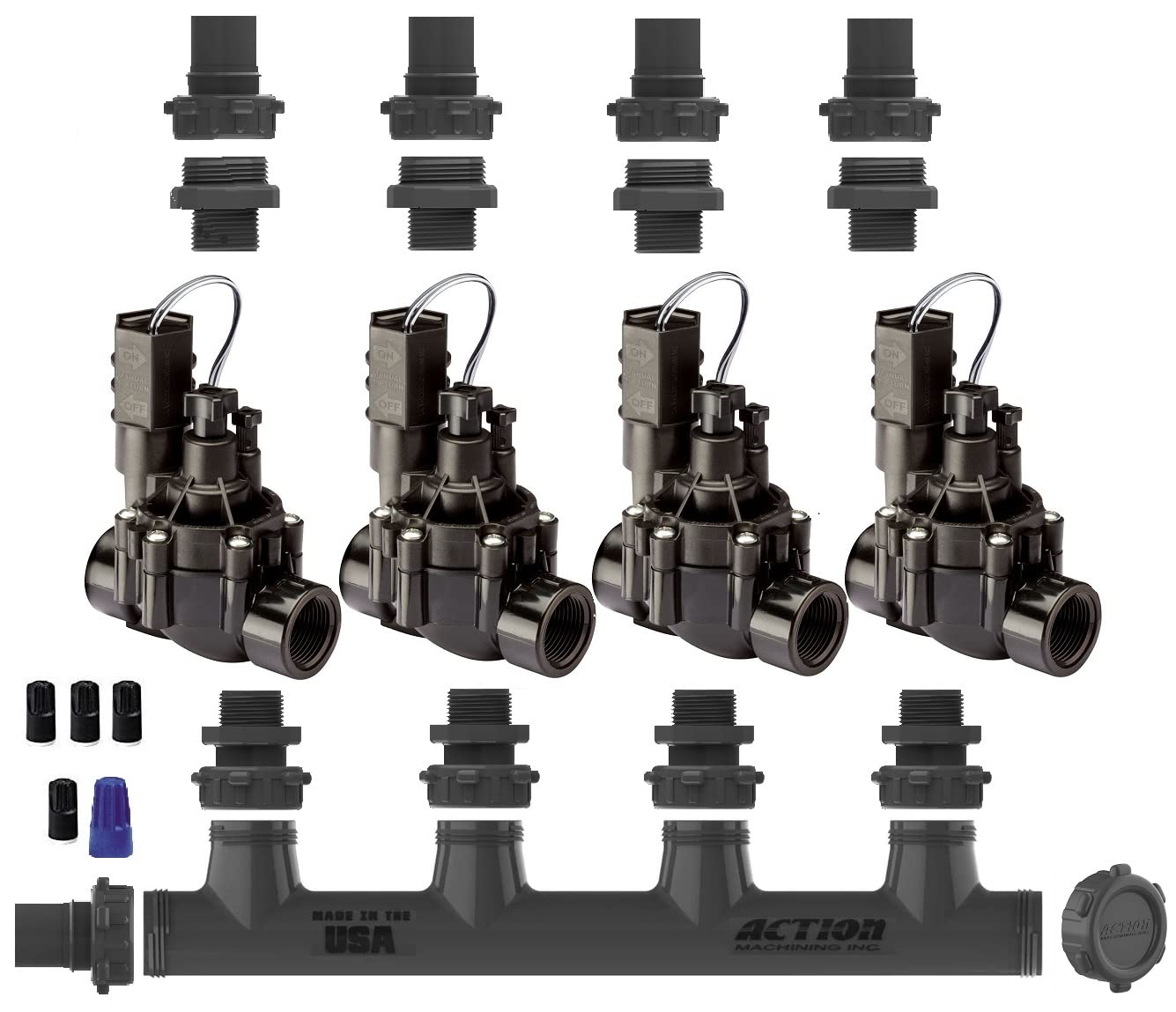 SPW Rain Bird Premium Valve Manifold System 100DVF with Flow Control - Heavy Duty Action Machining Parts - 3/4inch or 1inch Slip (4 Zone)