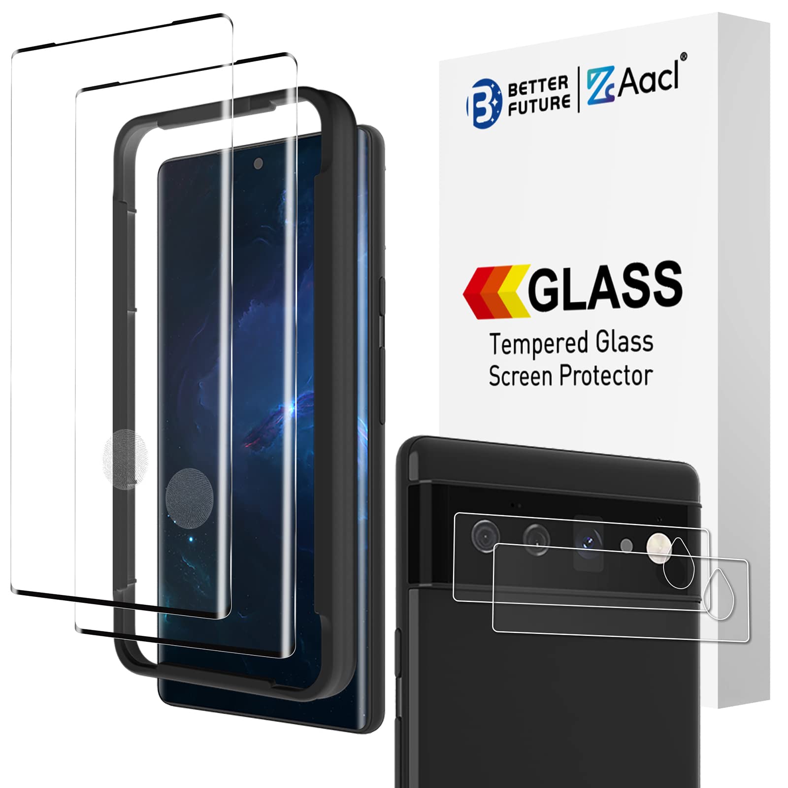 [Fingerprint Compatible] 2 Pack 3D Tempered Glass for Google Pixel 6 Pro Screen Protector + 2 Pack Camera Lens Protector, [Fingerprint Unlock][Anti-Scratch][Work with Case]