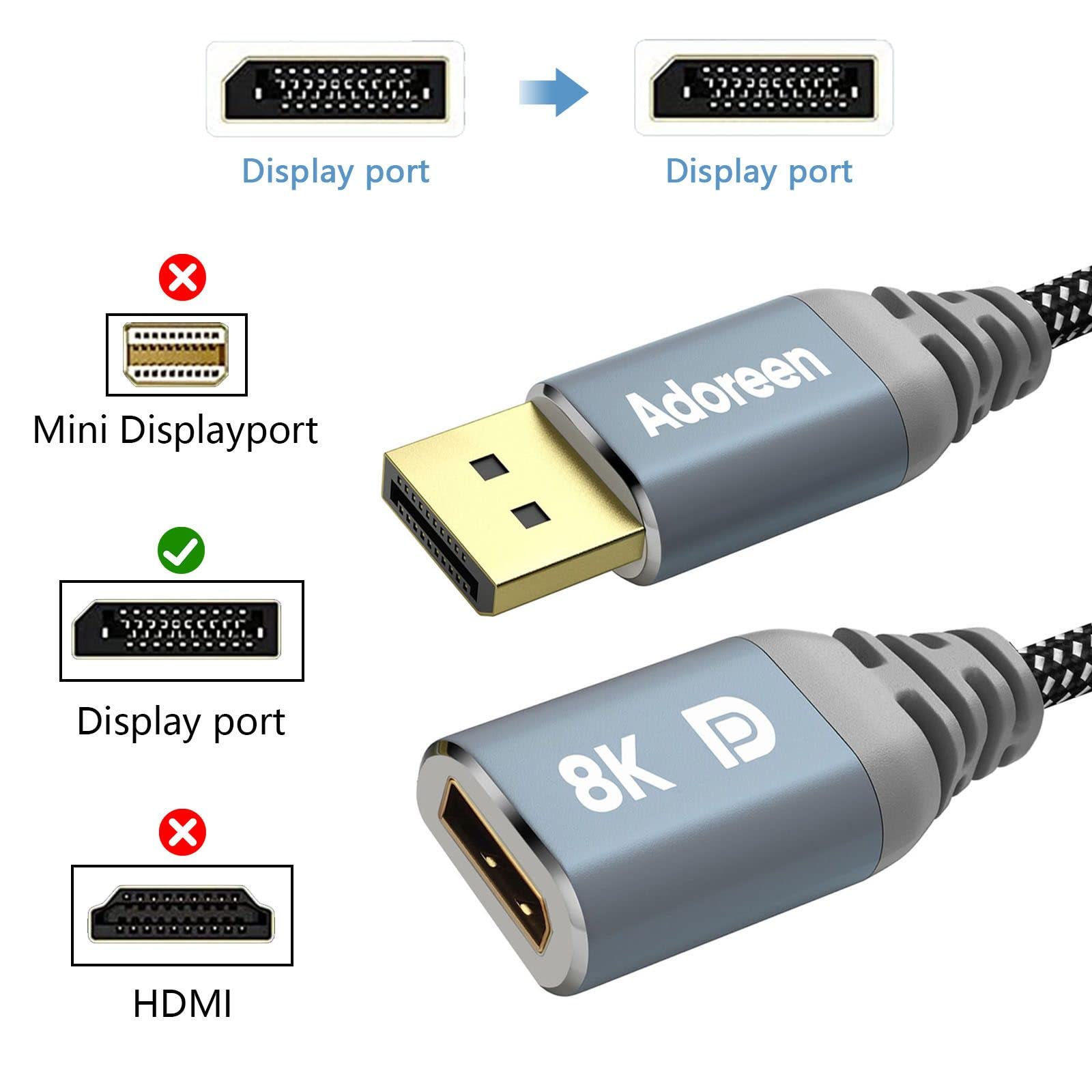 Adoreen 8K DisplayPort Extension Cable 15 feet, Braided DP to DP Extended 1.4 Cord (from 0.6-25ft) Male to Female (8K@60Hz 4K@120Hz 2K@165Hz) Extender Display Port with 5 Ties