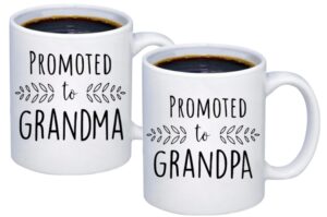 pregnancy announcement for grandparents coffee mugs - grandma to be & grandpa to be 11 oz mugs - great pregnancy reveal idea for baby announcement - mug set - promoted to grandma & grandpa