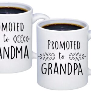 Pregnancy Announcement For Grandparents Coffee Mugs - Grandma To Be & Grandpa to Be 11 oz Mugs - Great Pregnancy Reveal Idea For Baby Announcement - Mug Set - Promoted to Grandma & Grandpa