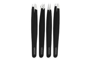 professional stainless steel tweezer set for eyebrows - precision tweezers for ingrown hair, blackhead & splinter | 4 pcs, black, 3.5 x 4.5 x 0.50 (kzr-01)