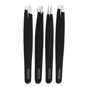 Professional Stainless Steel Tweezer Set for Eyebrows - Precision Tweezers for Ingrown Hair, Blackhead & Splinter | 4 Pcs, Black, 3.5 x 4.5 x 0.50 (KZR-01)