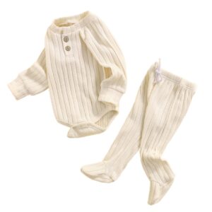 qiylii 2 piece newborn baby girls boys clothes sets infant solid color knit cotton romper tops pant footies 0-18m (beige, 0-3 months)