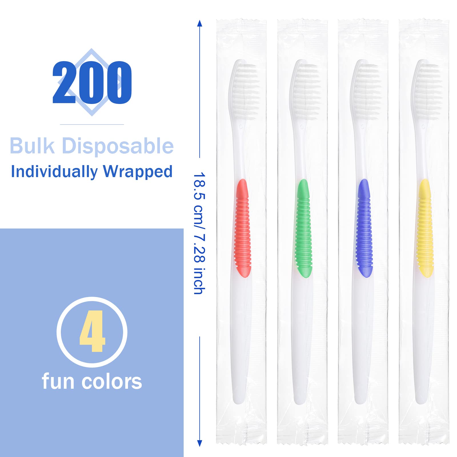 Honeydak 200 Pieces Disposable Toothbrushes Individually Wrapped Toothbrushes Multicolor Soft Bristle Medium Manual Travel Toothbrushes for Hotel Toiletries