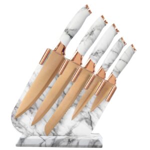 knife set non stick, champagne gold knives set with acrylic storage block, 6 pieces sharp knife set, stainless steel beautiful white marbling handle rainbow blade kitchen knife (champagne gold blade)