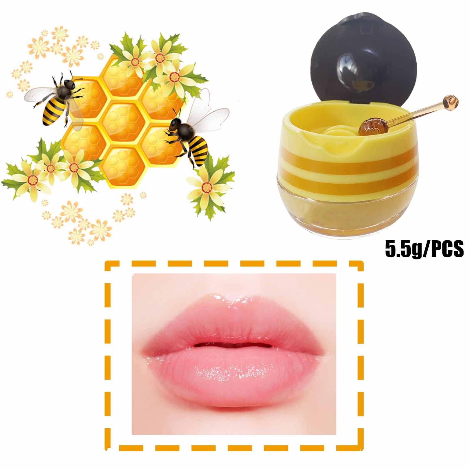 2PCS Bee Lip Balm Honey Pot, Honey & Strawberry Propolis Moisturizing, Hydrating & Prevention Dry and Cracked Lip Scrubs Exfoliator