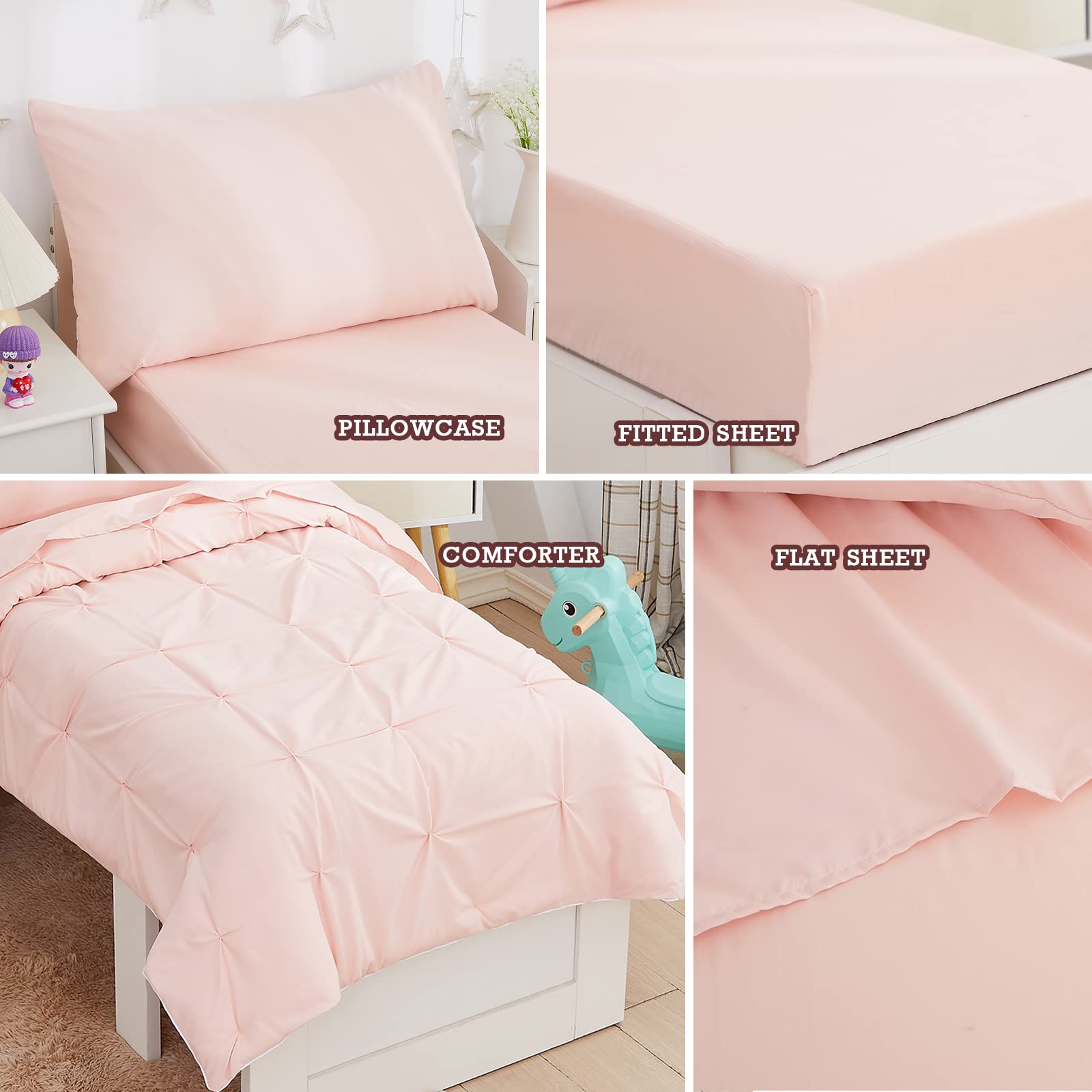 Brandream Toddler Bedding Set Girls Pink Pintuck Comforter Sheet Set 4 Piece Bed in A Bag Princess Kids Baby Bedding with Fitted Sheet Flat Sheet Pillowcase, Luxury Design