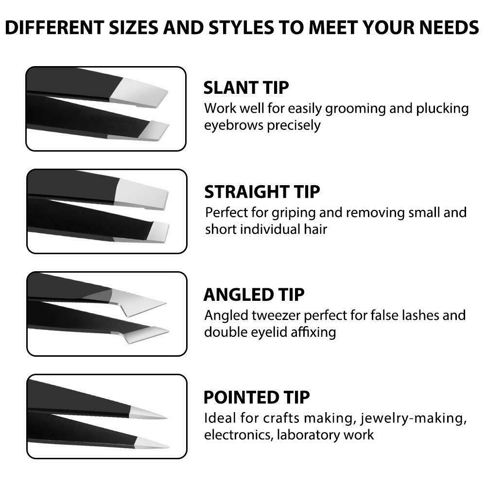 Professional Stainless Steel Tweezer Set for Eyebrows - Precision Tweezers for Ingrown Hair, Blackhead & Splinter | 4 Pcs, Black, 3.5 x 4.5 x 0.50 (KZR-01)