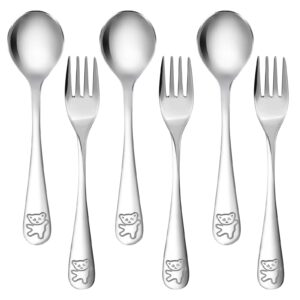 pandaear 6 piece kids silverware cutlery flatware set |toddler baby child stainless metal utensils baby metal 3 spoons 3 forks (304 stainless steel)