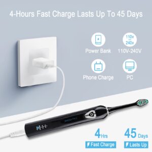 Sonic Electric Toothbrush for Adults and Teens, Rechargeable Whitening Ultrasonic Toothbrush with 4 Duponts Brush Heads, 3 Modes, 48000 VPM, Timer, Waterproof, 4H Charge for 45 Days (Black)