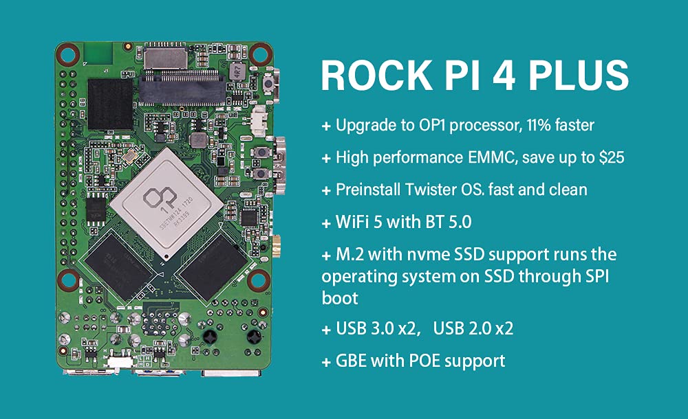 Rock Pi 4 Plus Rockchip RK3399(OP1) Single Board Computer LPDDR4 2GB with WiFi 5 and Bluetooth 5.0 Support Twister OS (2GB RAM+16GB eMMC)