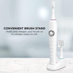 Conair Oscill8 Rechargeable Power Toothbrush for Adults and Children, White, 2-Minute Auto-Off Timer, 2 Bristle Heads, 270-Degree Angle, 2-In-1 Design, Battery Powered