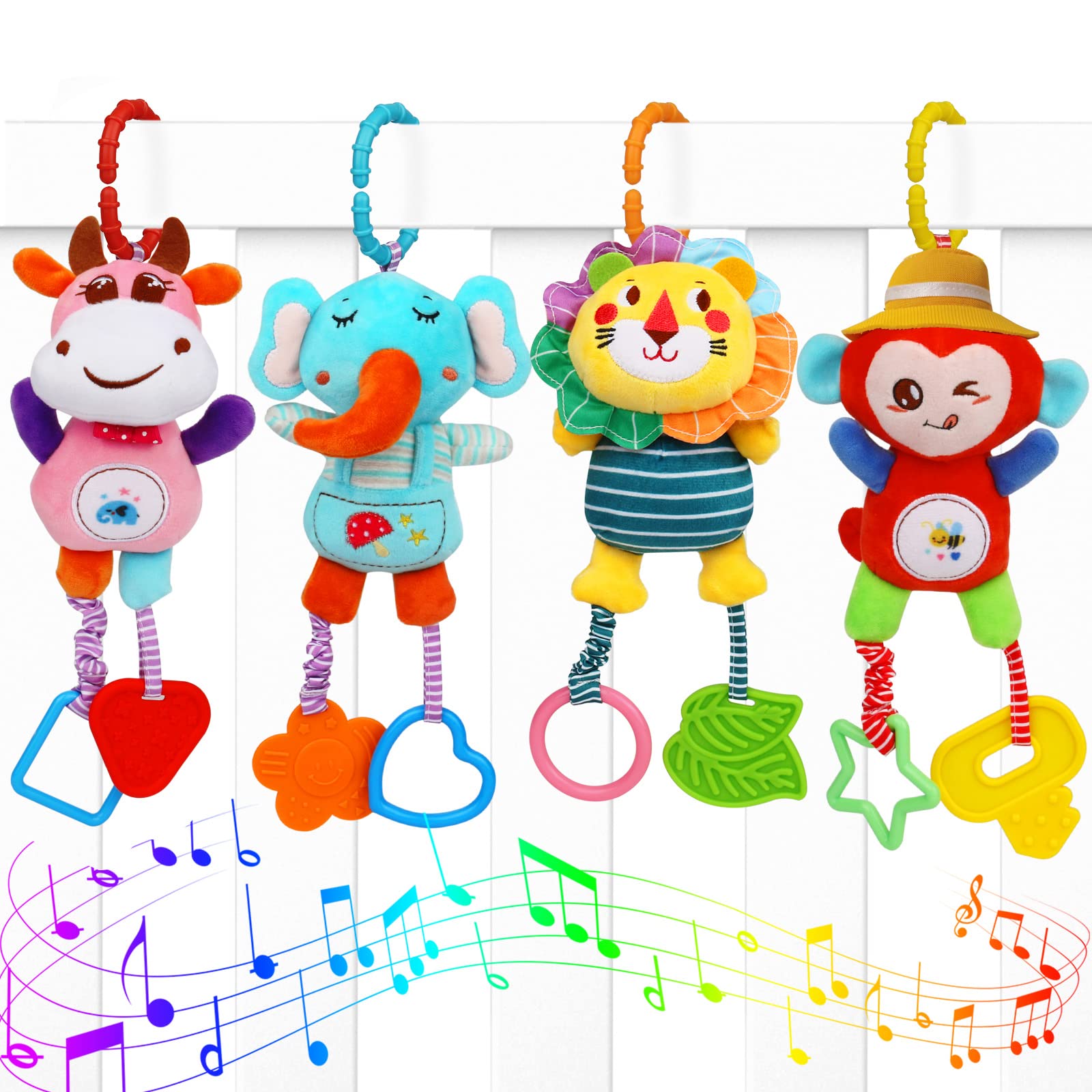 Baby Toys for 3 6 9 to 12 Months, Infant Toys Soft Hanging Rattle Crinkle Sensory Learning Toys Newborn Stroller Car Seat Crib Toys Plush Animal Rattle Toys with Teether for Baby Boys Girls