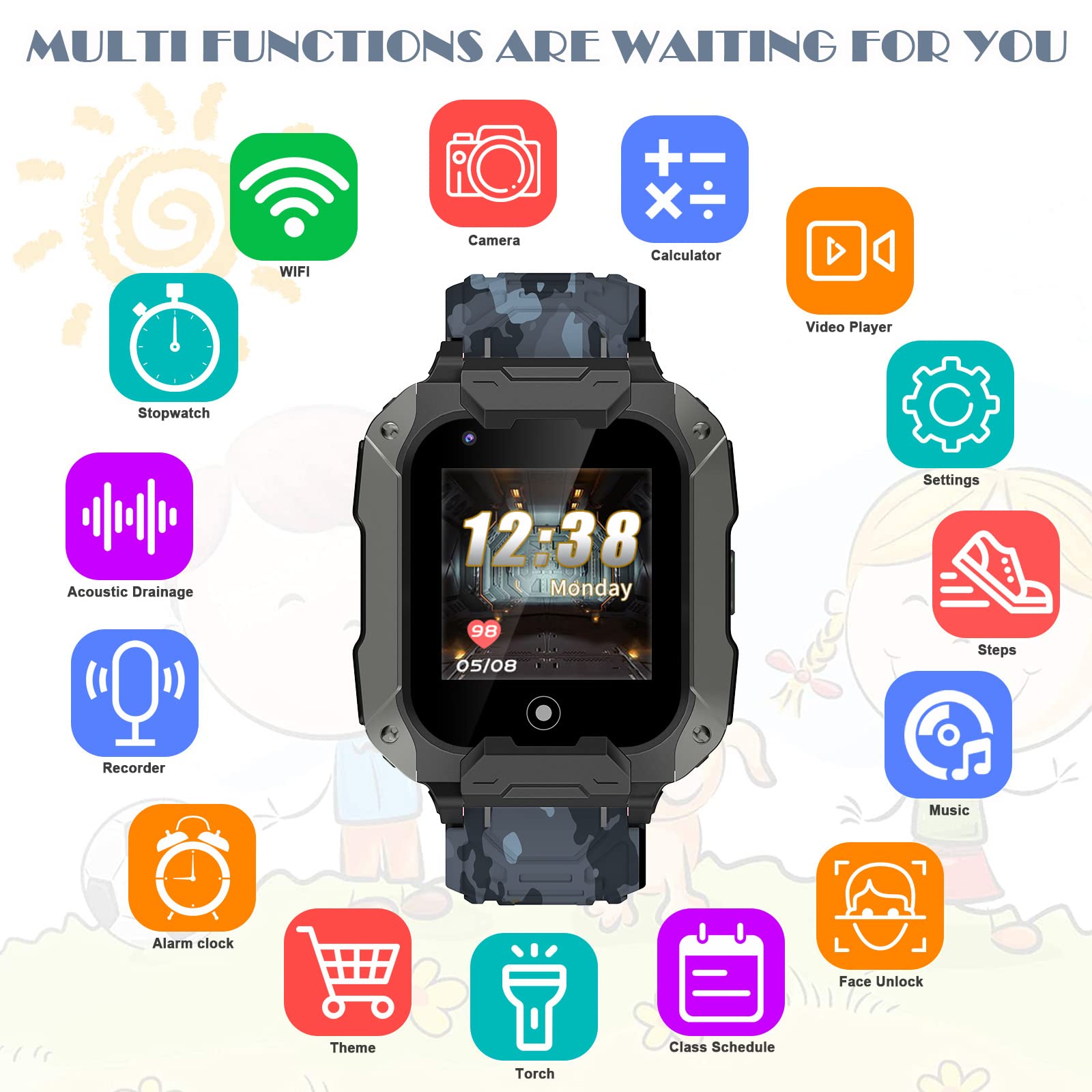 Kids Smart Watch Girls Boys, 4G Smart Watches with Dual ​Camera, IP67 Waterproof, 2-Way Calls, GPS Tracker, SOS Alarm Clock Children Wrist Watch Phone Smartwatch for Age 3-14 Birthday Gifts (Black)