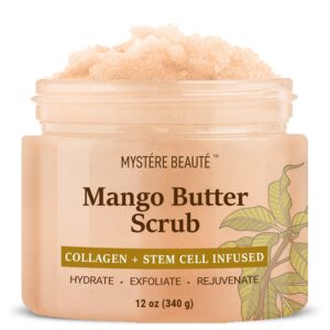 mango butter body scrub with collagen and stem cells 12 oz - exfoliating salt scrub for cellulite - deep cleansing for acne, scars, wrinkles - moisturizes skin