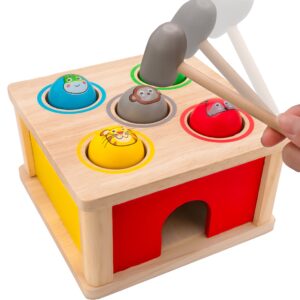 wooden pound and tap bench baby's first workbench - great birthday gift - wooden toddlers musical pounding and hammer educational toy - simple baby toys (multicolor) (animal multicolor)