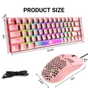 60% Ture Mechanical Gaming Keyboard and Mouse Combo Samll Mini RGB Chroma 68Key Keyboard, Detachable USB Type-C Cable，Lightweight 6400DPI Honeycomb Mouse Compatible with PS4,Xbox,PC,Laptop,MAC