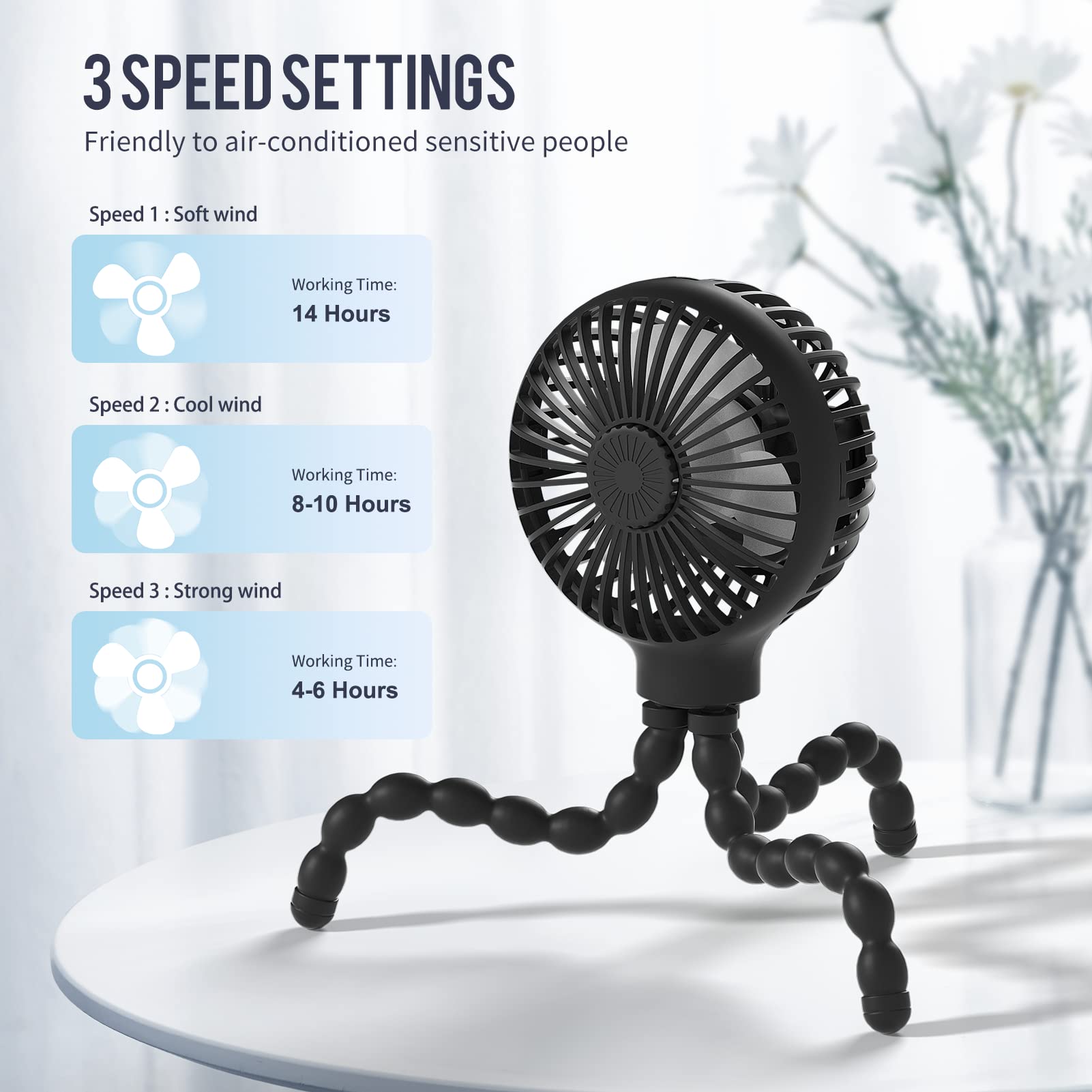 Stroller Fan Battery Operated Upgraded Baby Fan Flexible Tripod Clip on Fan with Lights Aromatherapy 3 Speeds Mini Portable Fan for Car Seat (Black)