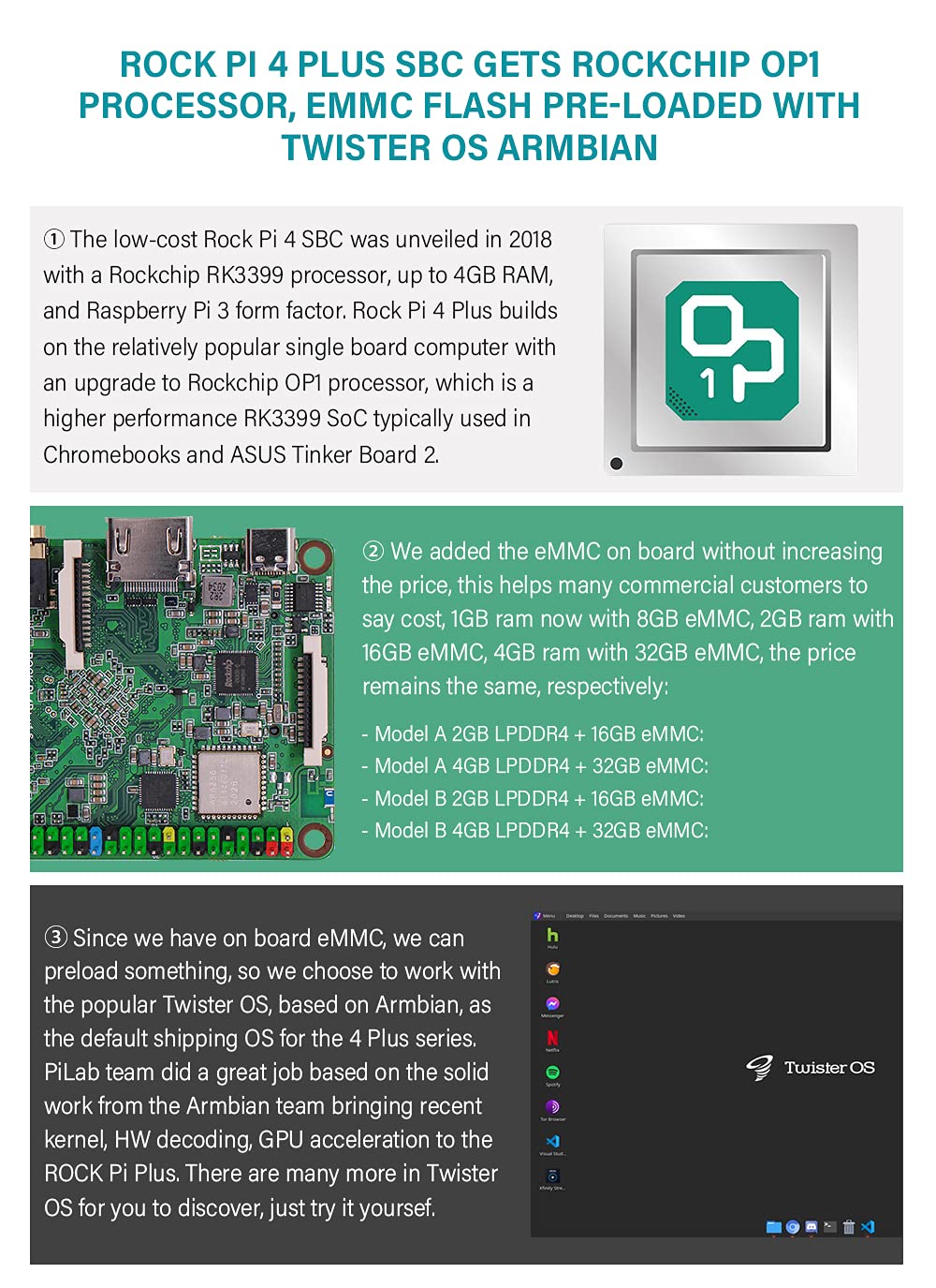 Rock Pi 4 Plus Rockchip RK3399(OP1) Single Board Computer LPDDR4 2GB with WiFi 5 and Bluetooth 5.0 Support Twister OS (2GB RAM+16GB eMMC)