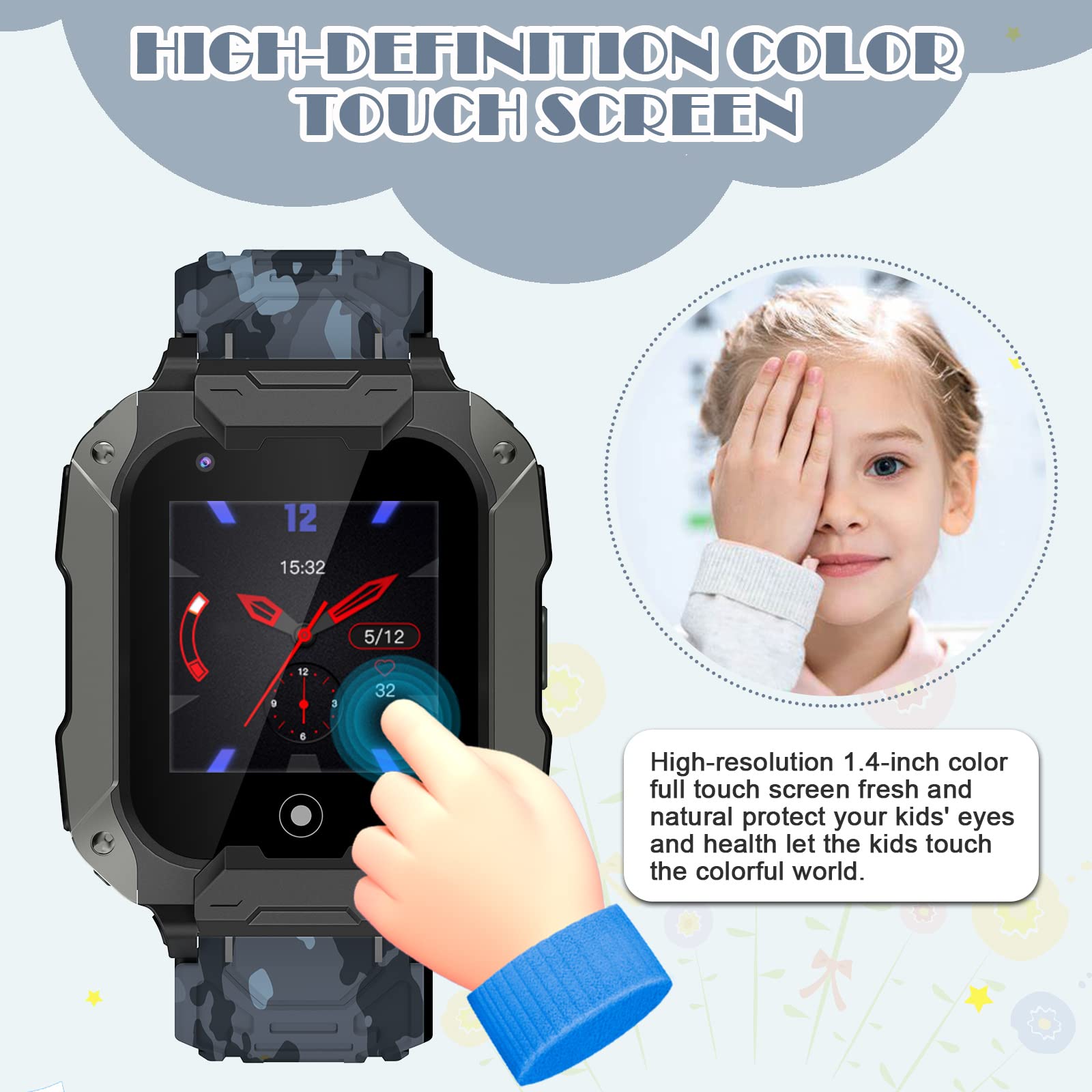 Kids Smart Watch Girls Boys, 4G Smart Watches with Dual ​Camera, IP67 Waterproof, 2-Way Calls, GPS Tracker, SOS Alarm Clock Children Wrist Watch Phone Smartwatch for Age 3-14 Birthday Gifts (Black)