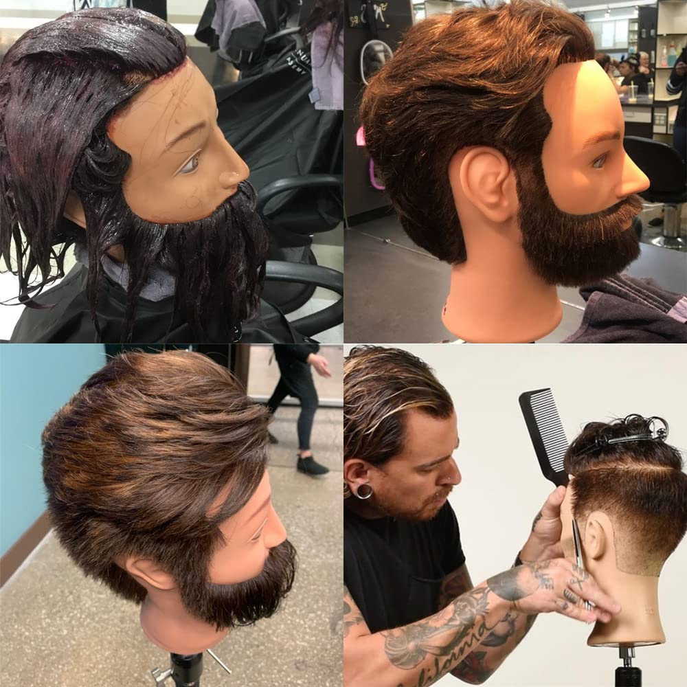 Romance Queen Male Mannequin Head With Hair Human Hair Manikin For Men Cosmetology 8inch Straight Beard Manikin Head With Human Hair with Stand Practice Cutting Styling (8inch)