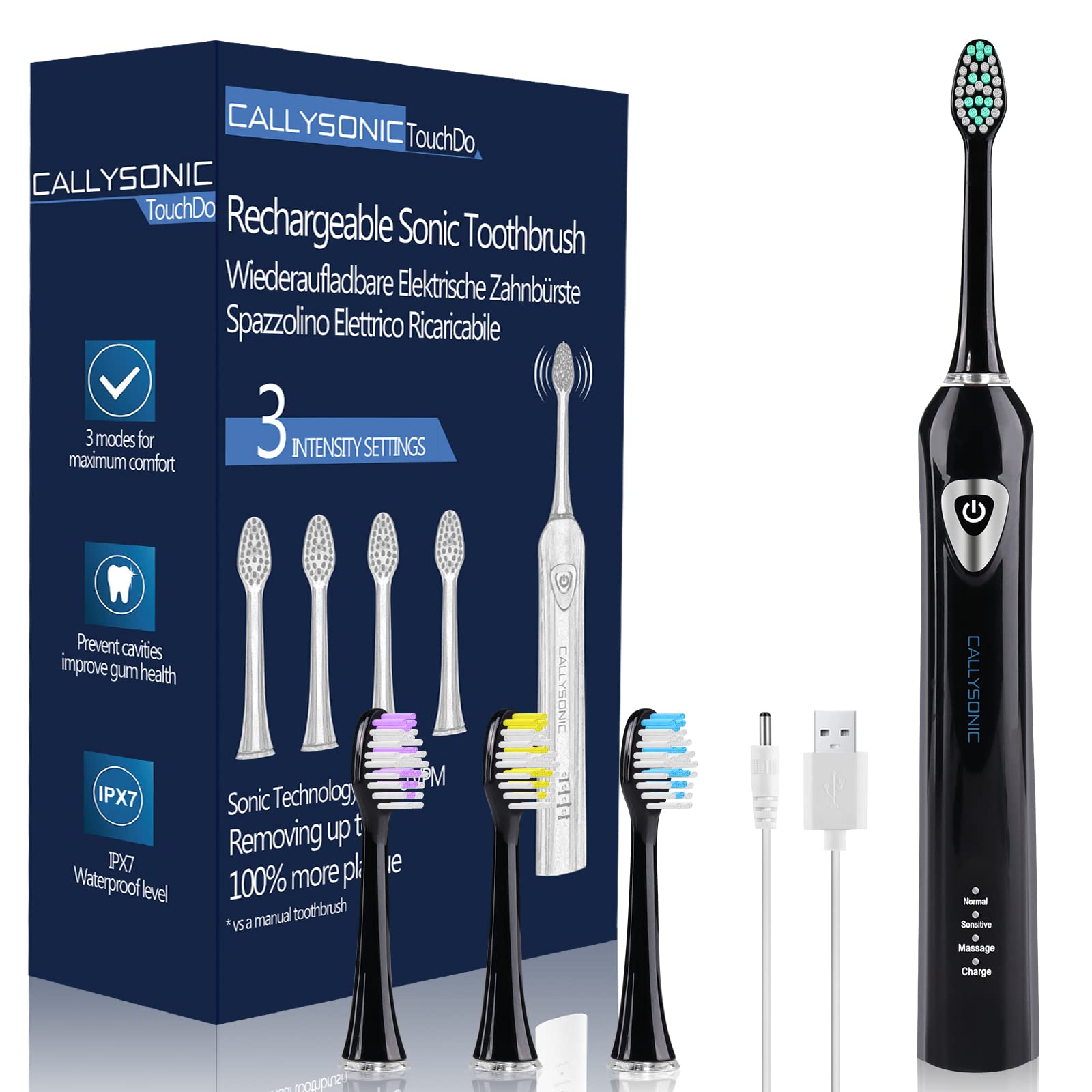 Sonic Electric Toothbrush for Adults and Teens, Rechargeable Whitening Ultrasonic Toothbrush with 4 Duponts Brush Heads, 3 Modes, 48000 VPM, Timer, Waterproof, 4H Charge for 45 Days (Black)