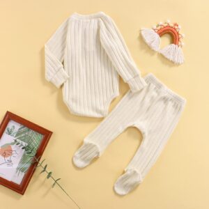 Qiylii 2 Piece Newborn Baby Girls Boys Clothes Sets Infant Solid Color Knit Cotton Romper Tops Pant Footies 0-18M (Beige, 0-3 Months)