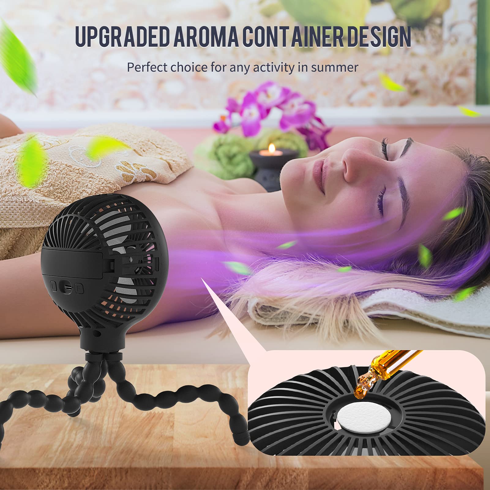 Stroller Fan Battery Operated Upgraded Baby Fan Flexible Tripod Clip on Fan with Lights Aromatherapy 3 Speeds Mini Portable Fan for Car Seat (Black)