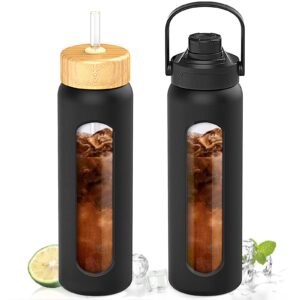 kodrine glass water bottles with straw, 24oz water bottle with 2 lids - handle spout lid & bamboo straw lid, motivational water bottle with silicone sleeve, wide mouth, leakproof, bpa free(black)