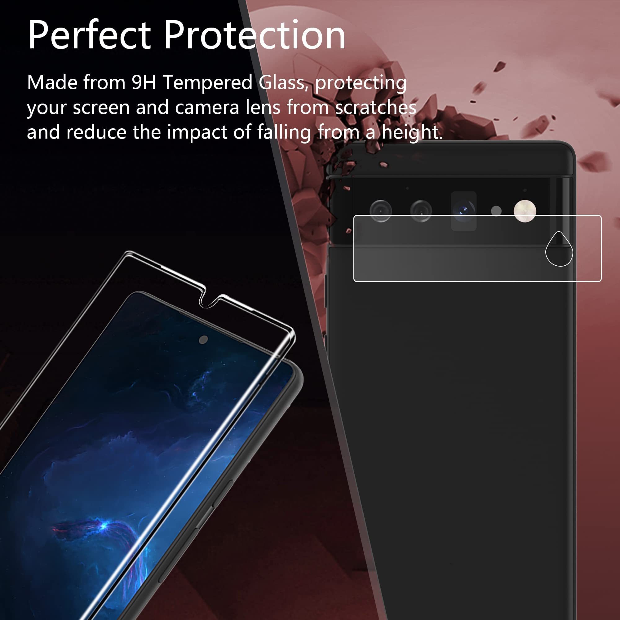 [Fingerprint Compatible] 2 Pack 3D Tempered Glass for Google Pixel 6 Pro Screen Protector + 2 Pack Camera Lens Protector, [Fingerprint Unlock][Anti-Scratch][Work with Case]