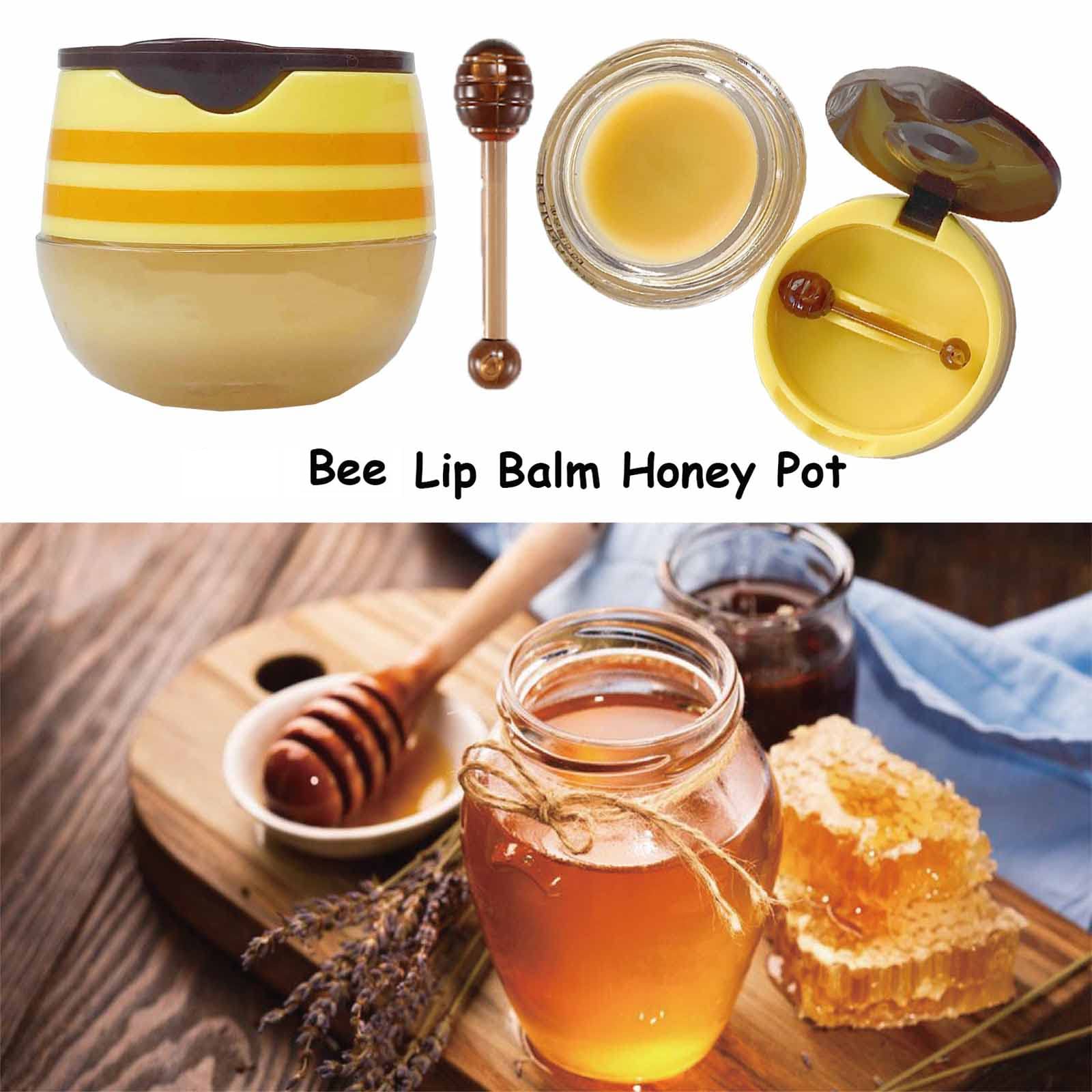 2PCS Bee Lip Balm Honey Pot, Honey & Strawberry Propolis Moisturizing, Hydrating & Prevention Dry and Cracked Lip Scrubs Exfoliator