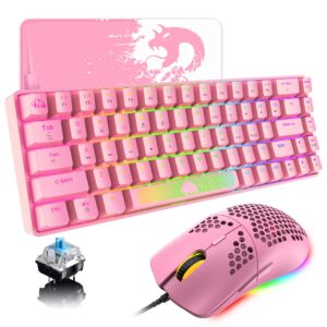 60% ture mechanical gaming keyboard and mouse combo samll mini rgb chroma 68key keyboard, detachable usb type-c cable，lightweight 6400dpi honeycomb mouse compatible with ps4,xbox,pc,laptop,mac