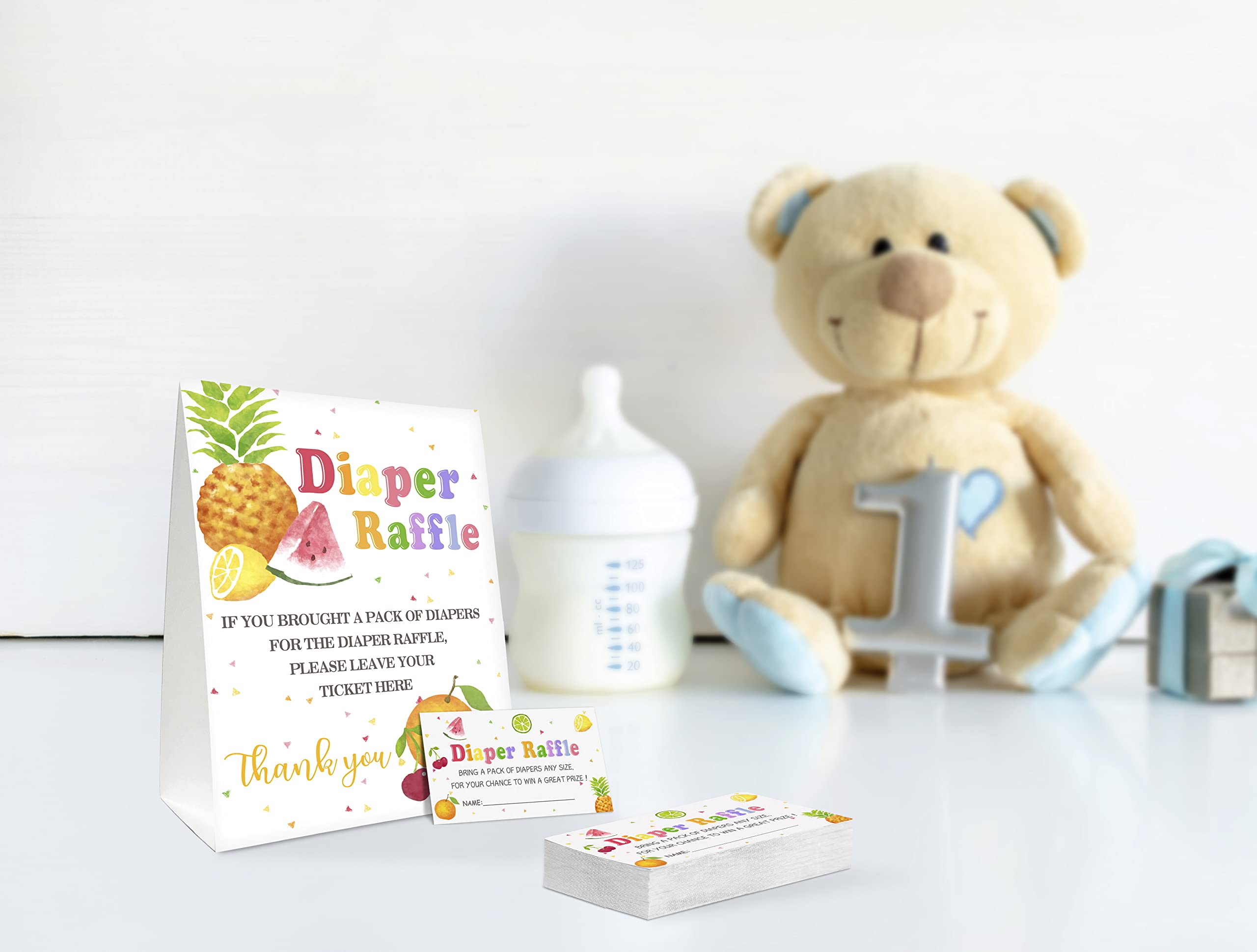 Diaper Raffle Baby Shower Game, 1 Standing Sign and 50 Tickets, Fruits Theme Gender Neutral For Boys or Girls, Bring A Pack of Diapers for Mom-To-Be, (038)