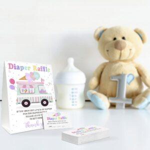 Diaper Raffle Baby Shower Game, 1 Standing Sign and 50 Tickets, Ice Cream Truck Theme Gender Neutral For Boys or Girls, Bring A Pack of Diapers for Mom-To-Be, (036)