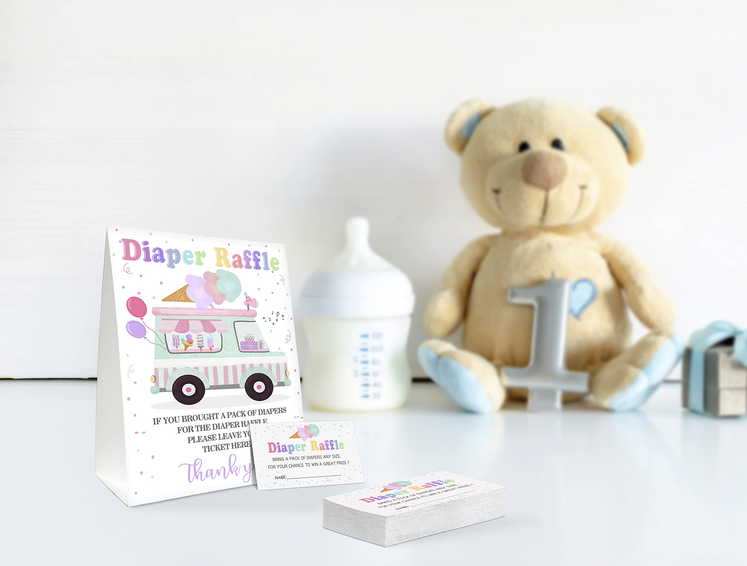 Diaper Raffle Baby Shower Game, 1 Standing Sign and 50 Tickets, Ice Cream Truck Theme Gender Neutral For Boys or Girls, Bring A Pack of Diapers for Mom-To-Be, (036)