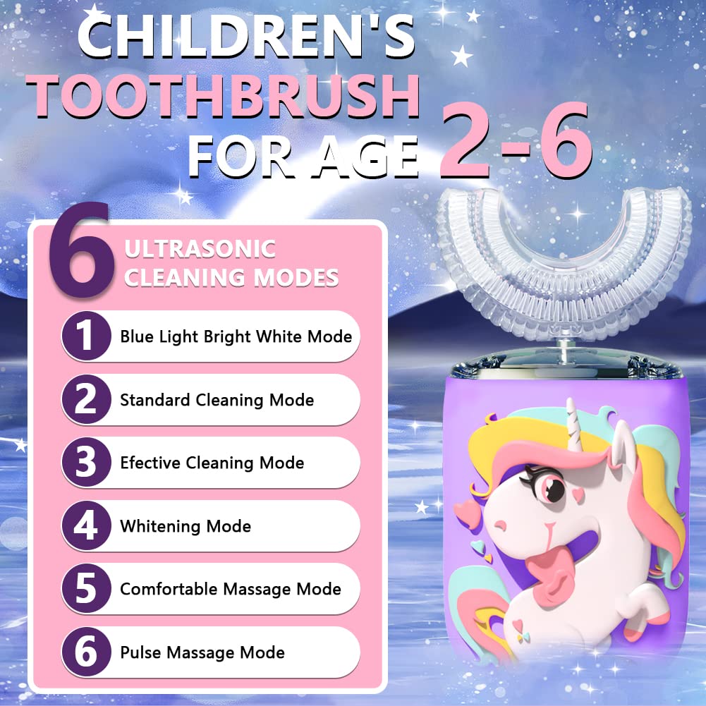 Tikmos Kids Electric Toothbrush, U Shaped Ultrasonic Automatic Toothbrushes Unicorn Design with Six Modes Smart Timer Replacement Brush IPX7 Waterproof Auto Toothbrush for Toddler 360 Oral Cleaning