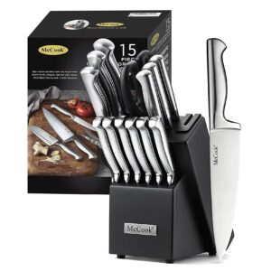 MC21 15 Pieces German Stainless Steel Knife Sets with Built-in Sharpener + MCW11 Bamboo Cutting Boards Set of 4 (Large, 17”11.4”0.8”)