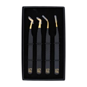 M LASH Eyelash Extension Tweezers (Set of 4) - Professional & Precision Lash Tweezers for Eyelash Extensions - Japanese Steel, Diamond Grip, Fiber Tip (Matte Black)