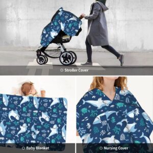 Rutiea Sharks and Fishes Car Seat Cover for Babies, Peekaboo Opening Minky Carseat Canopy Stroller Cover for Newborn, Mom Nursing Breastfeeding Covers, Blanket for Infant Toddler