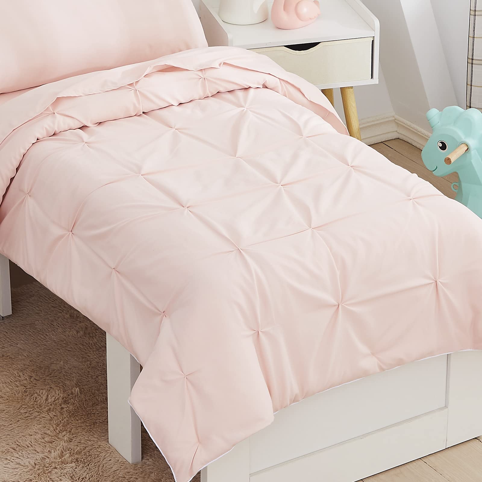 Brandream Toddler Bedding Set Girls Pink Pintuck Comforter Sheet Set 4 Piece Bed in A Bag Princess Kids Baby Bedding with Fitted Sheet Flat Sheet Pillowcase, Luxury Design