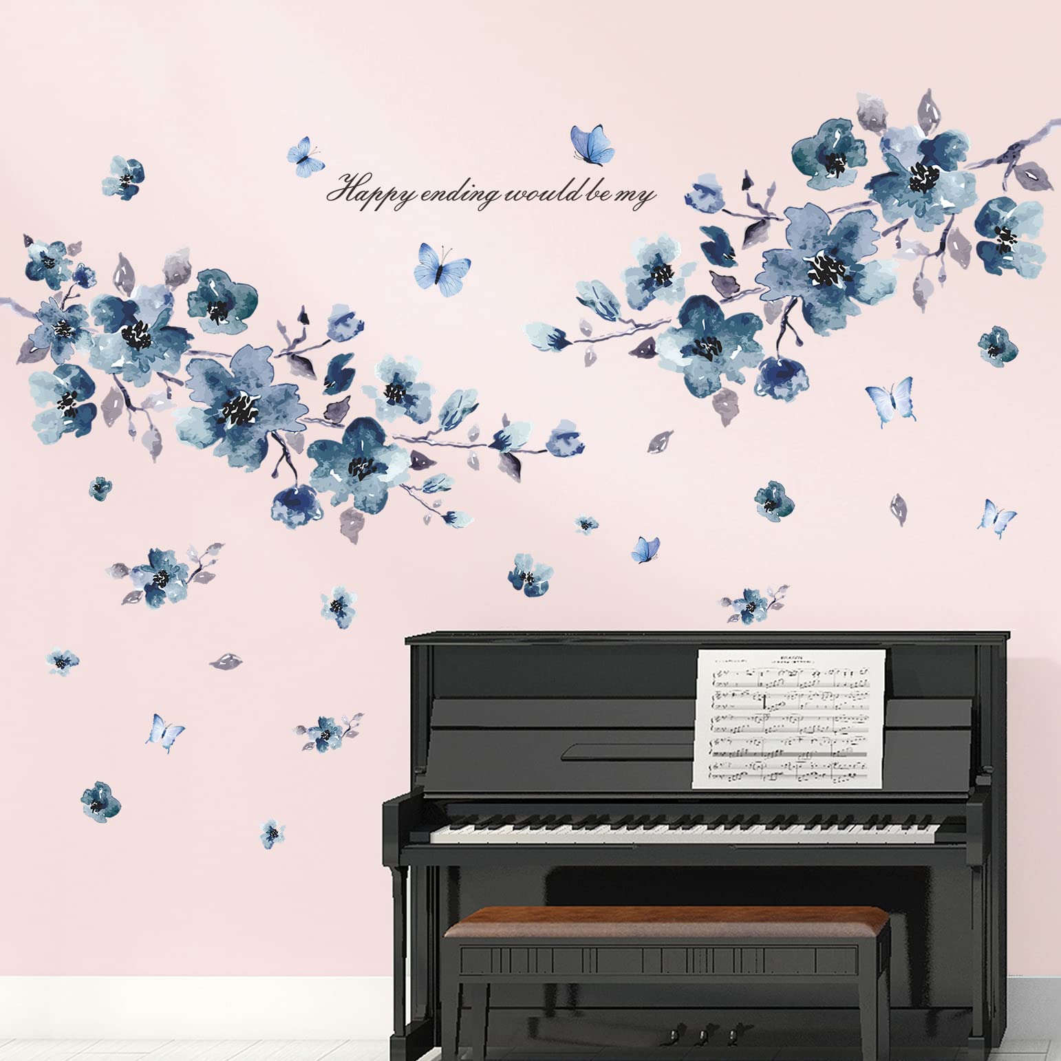 Removable Blue Peach Flowers Wall Decals 3D Cherry Blossom Floral Tree Branches Butterfly Wall Stickers DIY Flowers Butterfly Plants Wall Decor for Kids Bedroom Living Room Nursery Playroom DT-4956