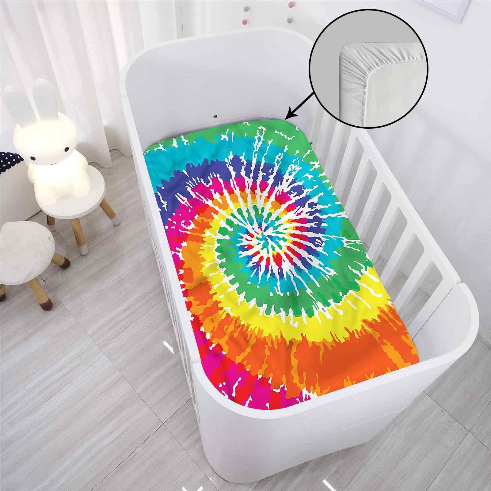 LCGGDB Rainbow Fitted Crib Sheet,Rainbow Tie Dye Grunge Decorative Microfiber Toddler Sheet Portable Crib Mattress Topper for Baby Boys Girls,Ultra Soft Jersey,Full Standard,28" x 52"