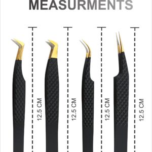 M LASH Eyelash Extension Tweezers (Set of 4) - Professional & Precision Lash Tweezers for Eyelash Extensions - Japanese Steel, Diamond Grip, Fiber Tip (Matte Black)